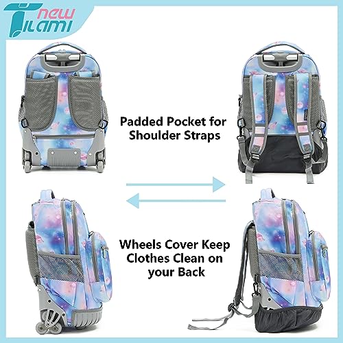 NEW TILAMI Roller Backpacks for Girls, Adjustable Laptop Rolling Backpack with Wheels for Girls to School Travel Camping Boys Rolling Backpack Purple Star 18 Inches