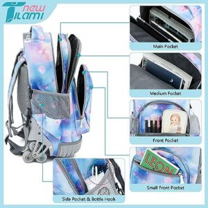 NEW TILAMI Roller Backpacks for Girls, Adjustable Laptop Rolling Backpack with Wheels for Girls to School Travel Camping Boys Rolling Backpack Purple Star 18 Inches