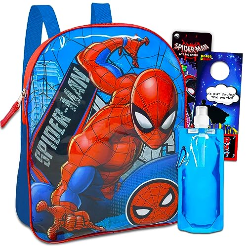 Marvel Spiderman Backpack for Kids - Bundle with Spiderman Backpack, Water Pouch, Spiderman Stickers and More (Superhero Backpacks for Boys)