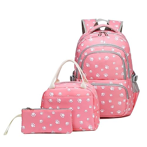 2022 Backpacks for Teen Girls 3PCs with Lunch Bag Pen Case, Breathable Lightweight Teenager Girl Bookbags for Middle High School University, 24L Cute Back Packs for Day Use, Pink Paw