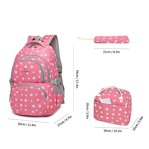 2022 Backpacks for Teen Girls 3PCs with Lunch Bag Pen Case, Breathable Lightweight Teenager Girl Bookbags for Middle High School University, 24L Cute Back Packs for Day Use, Pink Paw