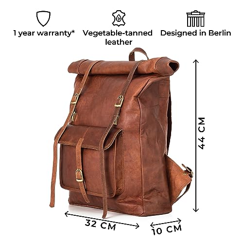 BERLINER BAGS Vintage Leather Backpack Leeds, Large Waterproof Bookbag for Men and Women - Brown (Brown XL)