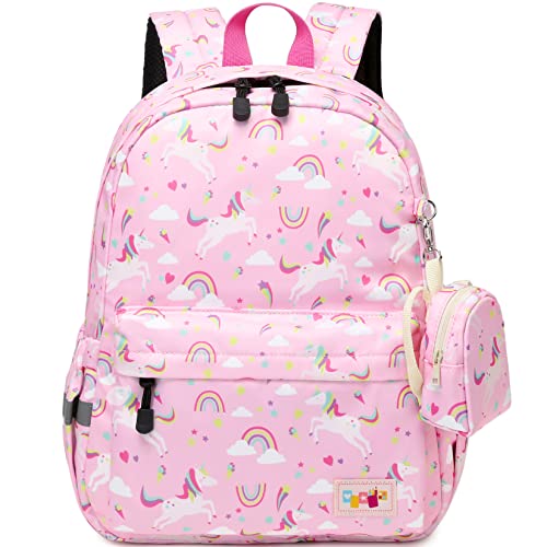 MIRLEWAIY Little Kids Backpack Preschool Cute Unicorn Kindergarten School Bag for Girls with Coin Pouch, Rose Pink