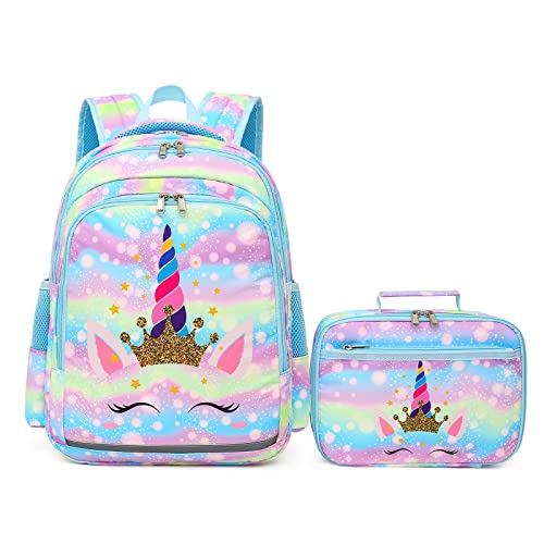 Unicorn Backpack for Girls with Lunch Tote Preschool Kindergarten Elementary Book Bag Set With Chest Strap(Light Blue Unicorn)