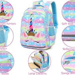 Unicorn Backpack for Girls with Lunch Tote Preschool Kindergarten Elementary Book Bag Set With Chest Strap(Light Blue Unicorn)