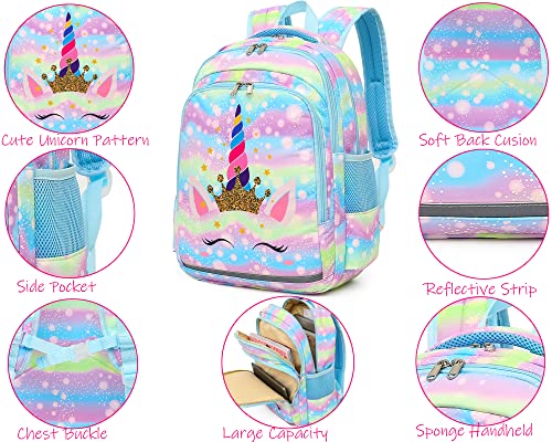 Unicorn Backpack for Girls with Lunch Tote Preschool Kindergarten Elementary Book Bag Set With Chest Strap(Light Blue Unicorn)