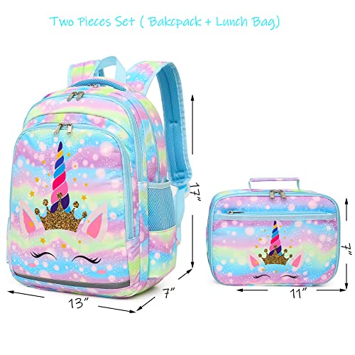 Unicorn Backpack for Girls with Lunch Tote Preschool Kindergarten Elementary Book Bag Set With Chest Strap(Light Blue Unicorn)