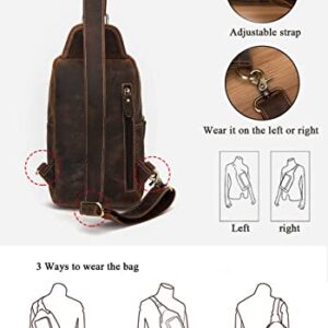 Le'aokuu Outdoor Casual Travel Hiking Tea Crossbody Chest Sling Bag Rig One Shoulder Strap Bag Backpack For Men Male Real Leather 1315 (A Brown)