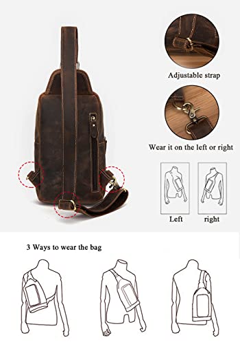 Le'aokuu Outdoor Casual Travel Hiking Tea Crossbody Chest Sling Bag Rig One Shoulder Strap Bag Backpack For Men Male Real Leather 1315 (A Brown)