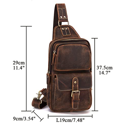 Le'aokuu Outdoor Casual Travel Hiking Tea Crossbody Chest Sling Bag Rig One Shoulder Strap Bag Backpack For Men Male Real Leather 1315 (A Brown)