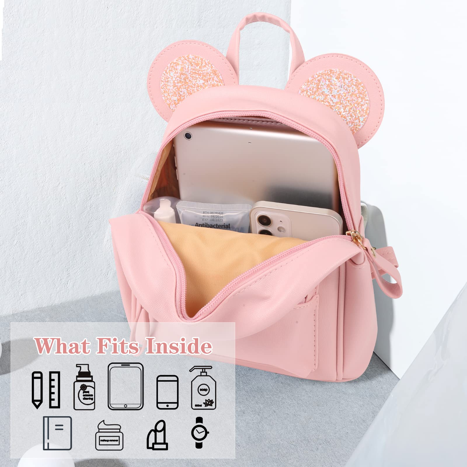 DingCo Girls Mini Leather Backpack Sequin bow Mouse Ears cute backpack small backpack gifts for teenage girls