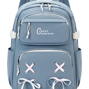 El-fmly Lightweigt School Bookbag Anti Theft Travel Daypack Backpack with Cute Ribbon for Teen Girls Children (Gray blue)