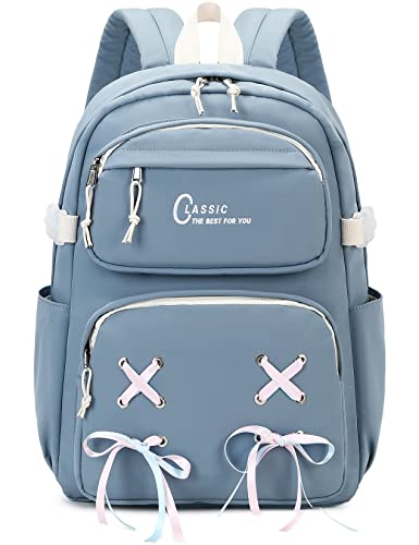 El-fmly Lightweigt School Bookbag Anti Theft Travel Daypack Backpack with Cute Ribbon for Teen Girls Children (Gray blue)