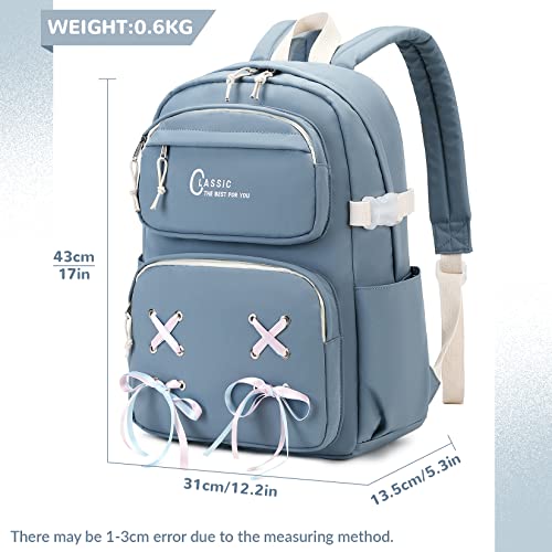 El-fmly Lightweigt School Bookbag Anti Theft Travel Daypack Backpack with Cute Ribbon for Teen Girls Children (Gray blue)