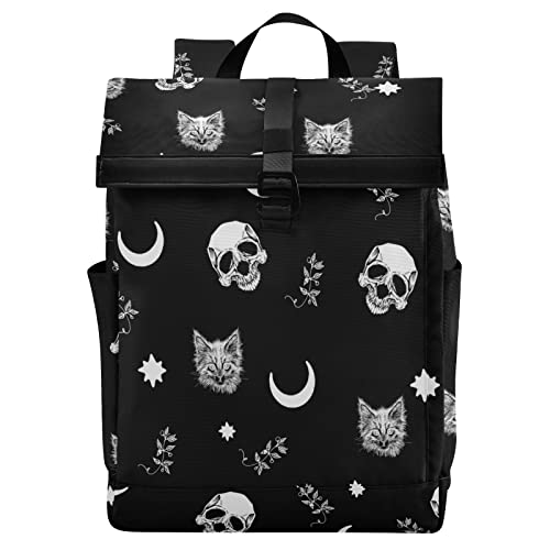 CBBYY Travel Roll Top Skull Cat Moon Backpack for Men, Expandable Waterproof Trendy Laptop Backpack