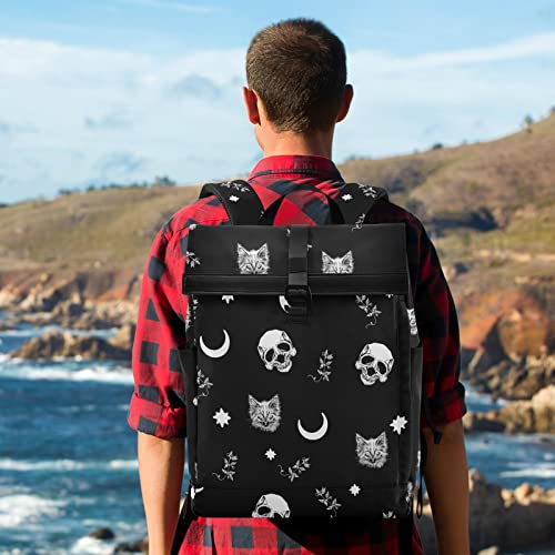 CBBYY Travel Roll Top Skull Cat Moon Backpack for Men, Expandable Waterproof Trendy Laptop Backpack