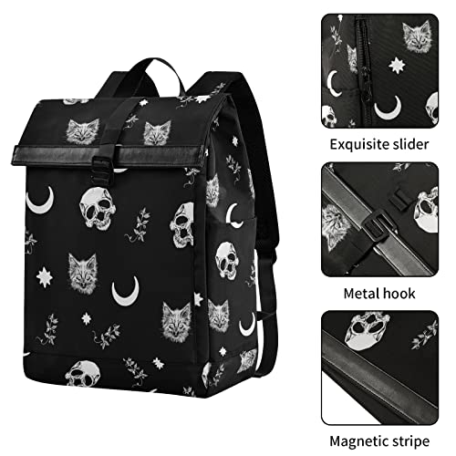 CBBYY Travel Roll Top Skull Cat Moon Backpack for Men, Expandable Waterproof Trendy Laptop Backpack