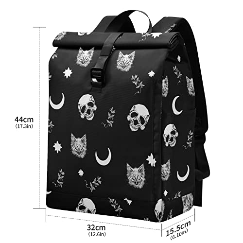 CBBYY Travel Roll Top Skull Cat Moon Backpack for Men, Expandable Waterproof Trendy Laptop Backpack