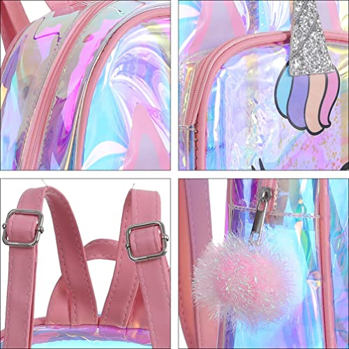 VALICLUD Clear Unicorn Backpack for Girl Holographic Backpack Clear Backpack Unicorn Transparent Backpack Clear Mini Backpack Casual Daypacks (Pink)