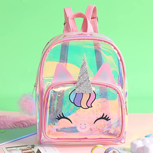 VALICLUD Clear Unicorn Backpack for Girl Holographic Backpack Clear Backpack Unicorn Transparent Backpack Clear Mini Backpack Casual Daypacks (Pink)