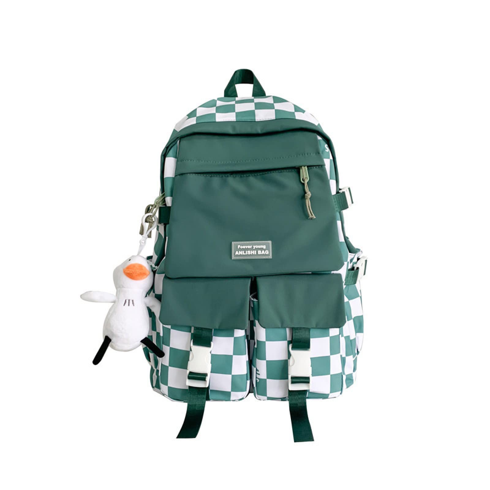 MEOKIM Kawaii backpack student schoolbag large-capacity backpack black and white plaid cute girls campus backpack(Green)