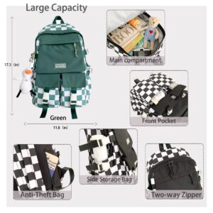 MEOKIM Kawaii backpack student schoolbag large-capacity backpack black and white plaid cute girls campus backpack(Green)