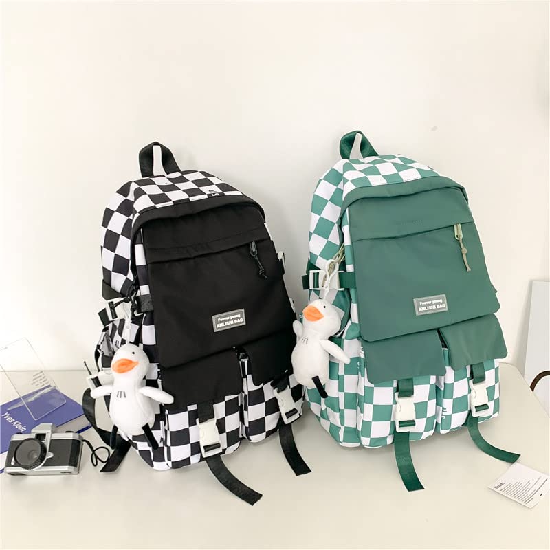 MEOKIM Kawaii backpack student schoolbag large-capacity backpack black and white plaid cute girls campus backpack(Green)