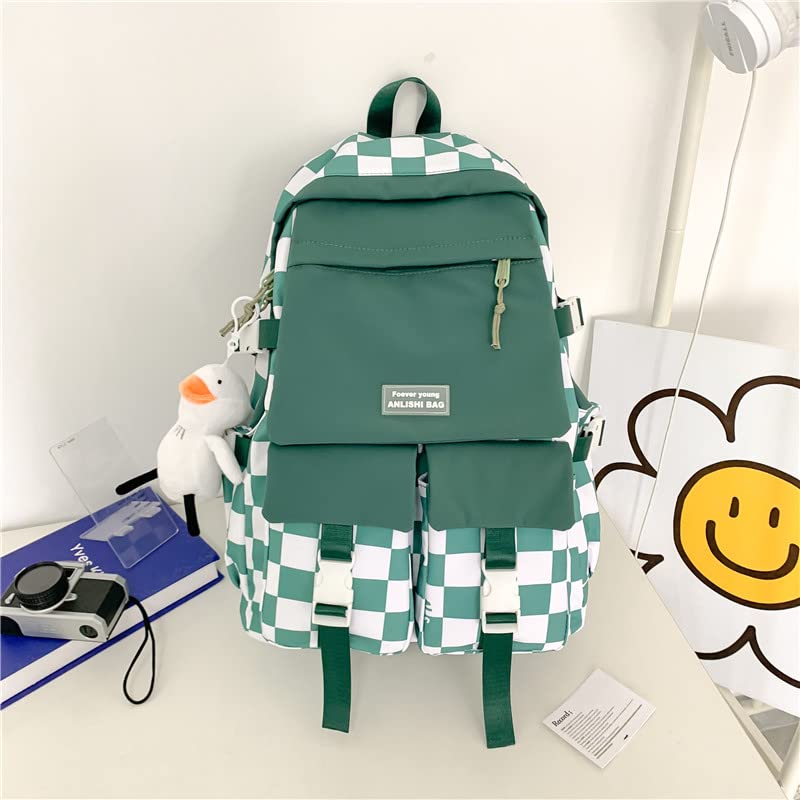 MEOKIM Kawaii backpack student schoolbag large-capacity backpack black and white plaid cute girls campus backpack(Green)