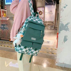 MEOKIM Kawaii backpack student schoolbag large-capacity backpack black and white plaid cute girls campus backpack(Green)