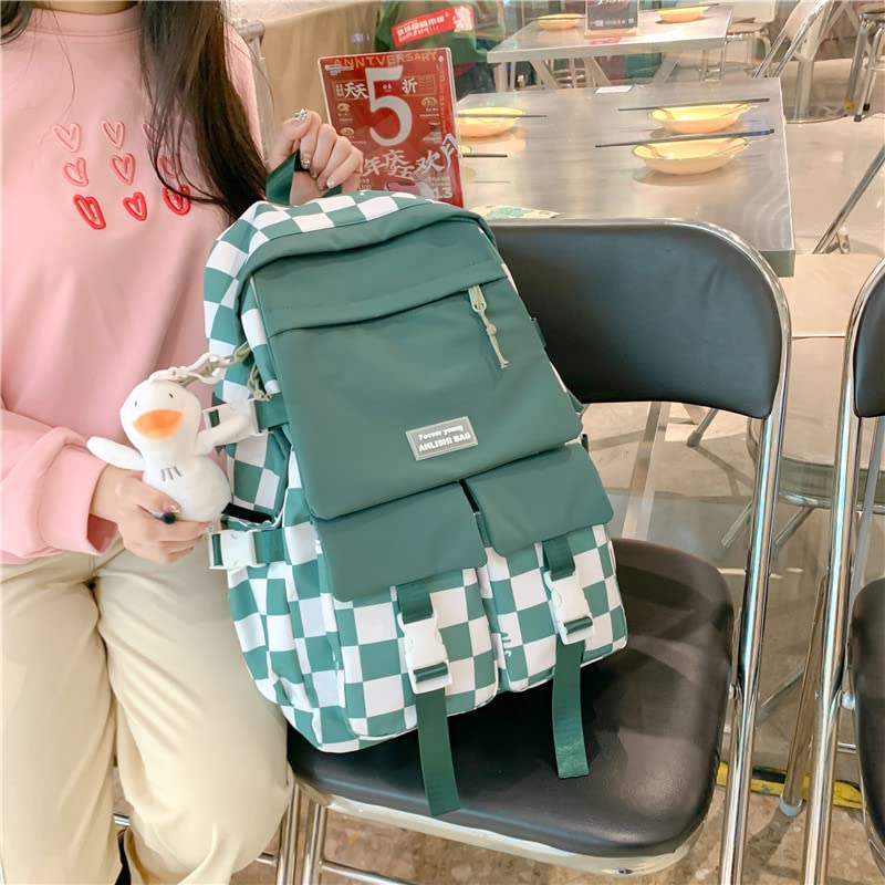 MEOKIM Kawaii backpack student schoolbag large-capacity backpack black and white plaid cute girls campus backpack(Green)