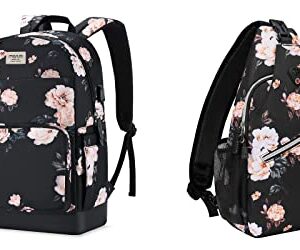 MOSISO 15.6-16 inch Laptop Backpack&Sling Backpack for Women, Polyester Anti-Theft Casual Daypack Bag with Luggage Strap&USB Charging Port, Camellia Travel Business Bag, Black