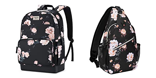 MOSISO 15.6-16 inch Laptop Backpack&Sling Backpack for Women, Polyester Anti-Theft Casual Daypack Bag with Luggage Strap&USB Charging Port, Camellia Travel Business Bag, Black