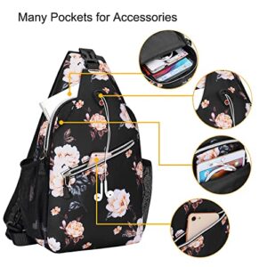 MOSISO 15.6-16 inch Laptop Backpack&Sling Backpack for Women, Polyester Anti-Theft Casual Daypack Bag with Luggage Strap&USB Charging Port, Camellia Travel Business Bag, Black