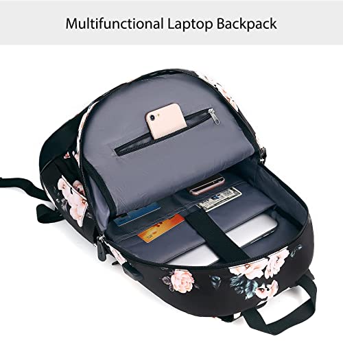 MOSISO 15.6-16 inch Laptop Backpack&Sling Backpack for Women, Polyester Anti-Theft Casual Daypack Bag with Luggage Strap&USB Charging Port, Camellia Travel Business Bag, Black