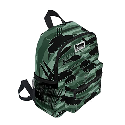 Glaphy Custom Kid's Name Backpack, Green Camo Tank Plane Toddler Backpack for Daycare Travel, Personalized Name Preschool Bookbags for Boys Girls Kids