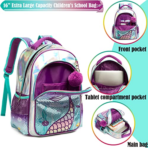 Egchescebo Girls Mermaid backpack School Bookbag for Girls Kids Bling School Elementary Backpacks for Girls 16" 3PCS Black Backpack with Lunch Box Set Purple