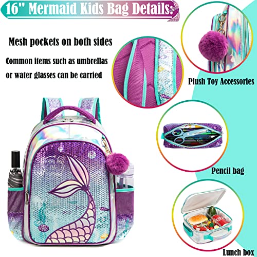 Egchescebo Girls Mermaid backpack School Bookbag for Girls Kids Bling School Elementary Backpacks for Girls 16" 3PCS Black Backpack with Lunch Box Set Purple