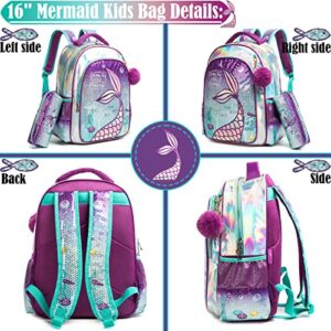 Egchescebo Girls Mermaid backpack School Bookbag for Girls Kids Bling School Elementary Backpacks for Girls 16" 3PCS Black Backpack with Lunch Box Set Purple