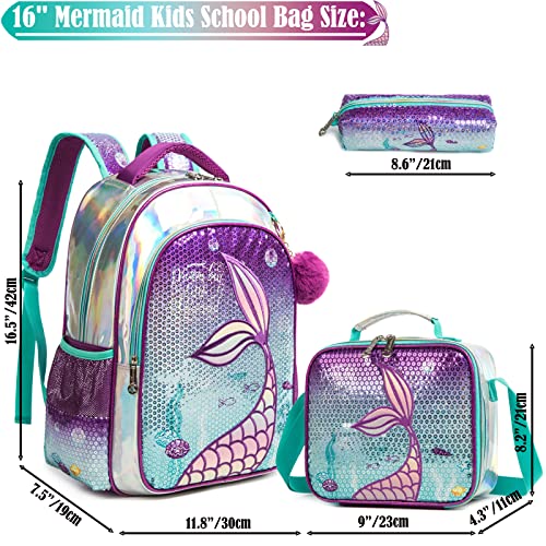 Egchescebo Girls Mermaid backpack School Bookbag for Girls Kids Bling School Elementary Backpacks for Girls 16" 3PCS Black Backpack with Lunch Box Set Purple