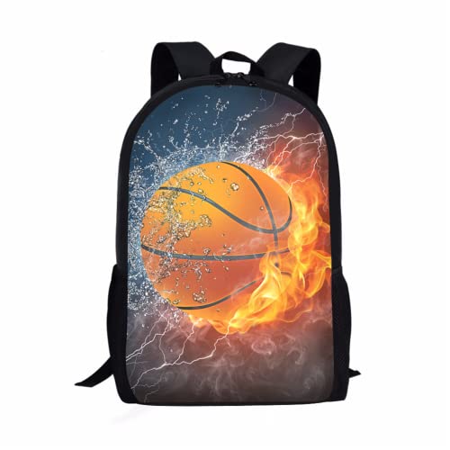 Biyejit Fire Water Basketball Print Kids Backpack for School Boys Girls with Side Pocket Teenage School Bags