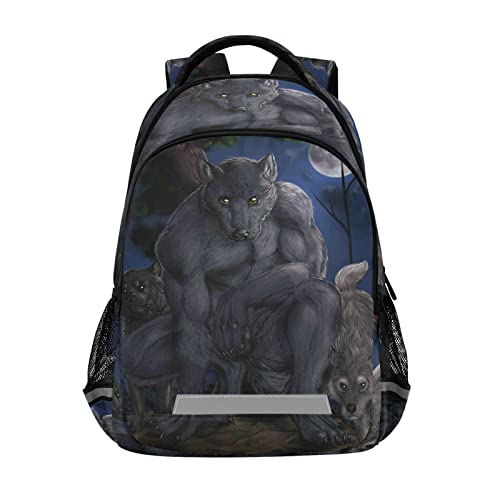 Dussdil Full Moon Werewolf Backpack Wolf Backpacks 16 inch Laptop Bag Casual Daypack Back Pack Double Zipper Travel Sports Bags with Adjustable Shoulder Strap Backpack