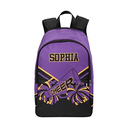 CUXWEOT Personalized Cheer Cheerleader Purple Gold Backpack with Name Custom Travel Bag for women Men