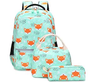 backpacks for girls fox school bags kids elementary bookbag with lunch box and pencil case for age 3+ (green fox)