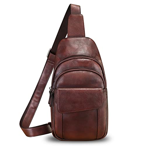 LRTO Genuine Leather Sling Bag Crossbody Motorcycle Bag Handmade Chest Bag Hiking Daypack Retro Shoulder Backpack (Coffee)