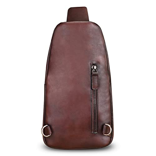 LRTO Genuine Leather Sling Bag Crossbody Motorcycle Bag Handmade Chest Bag Hiking Daypack Retro Shoulder Backpack (Coffee)