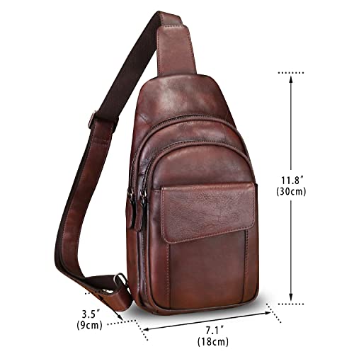 LRTO Genuine Leather Sling Bag Crossbody Motorcycle Bag Handmade Chest Bag Hiking Daypack Retro Shoulder Backpack (Coffee)