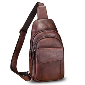 LRTO Genuine Leather Sling Bag Crossbody Motorcycle Bag Handmade Chest Bag Hiking Daypack Retro Shoulder Backpack (Coffee)