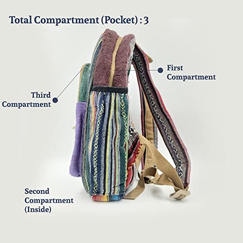 Fwosi Laptop Backpacks - Unisex Hemp Hippie Bookbag for College, Hiking & Travel - Lightweight, 3 Compartments for Books, Purse, Wallet - Crafts from Nepal