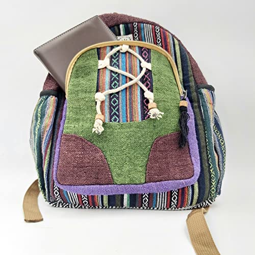 Fwosi Laptop Backpacks - Unisex Hemp Hippie Bookbag for College, Hiking & Travel - Lightweight, 3 Compartments for Books, Purse, Wallet - Crafts from Nepal