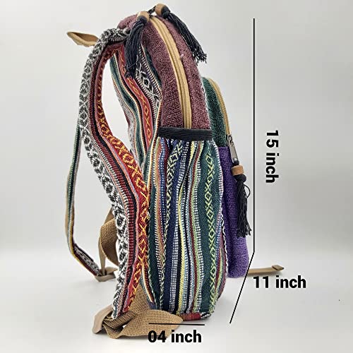 Fwosi Laptop Backpacks - Unisex Hemp Hippie Bookbag for College, Hiking & Travel - Lightweight, 3 Compartments for Books, Purse, Wallet - Crafts from Nepal